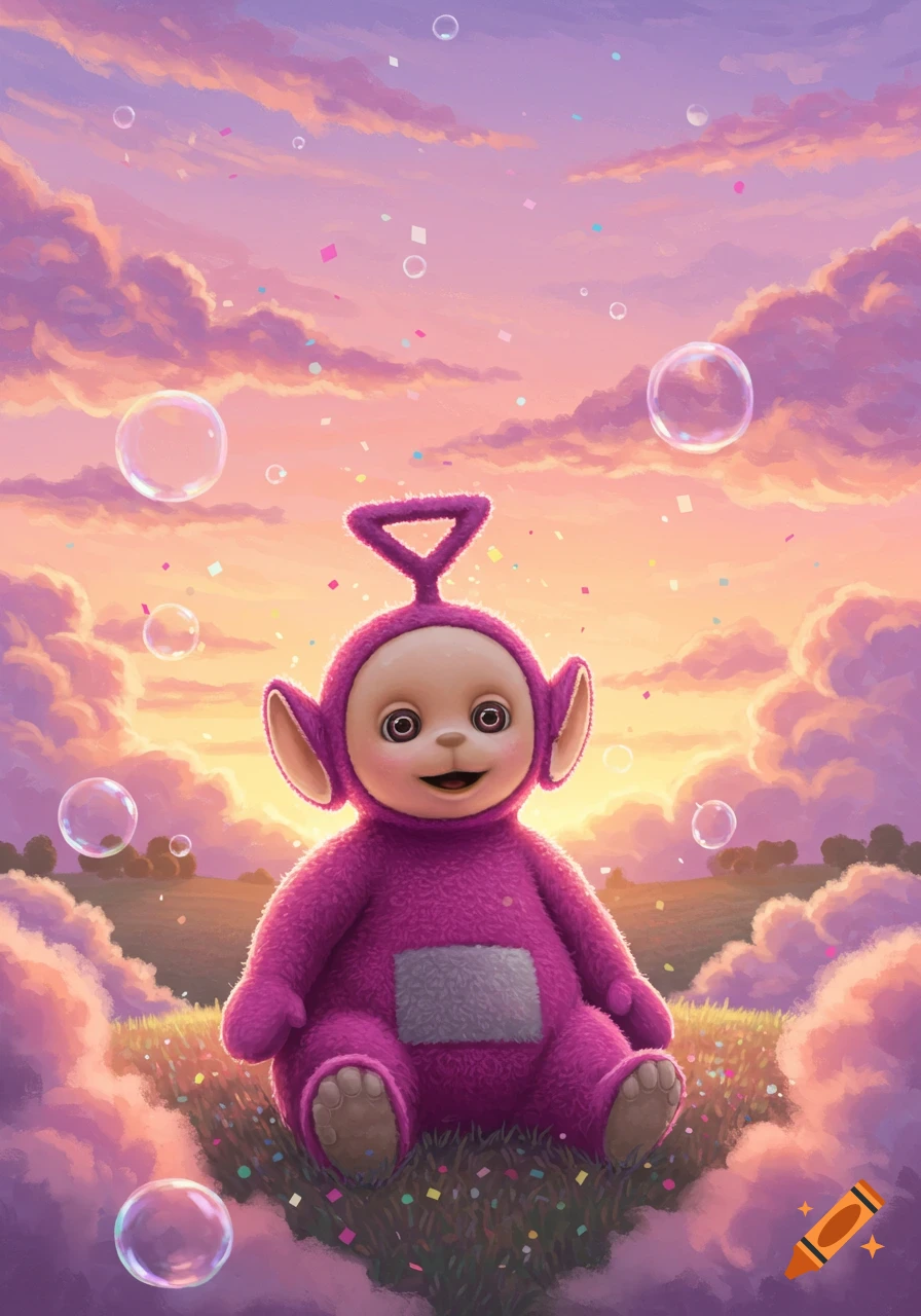 A purple Teletubby holds a lemon slice, surrounded by lemons, limes ...