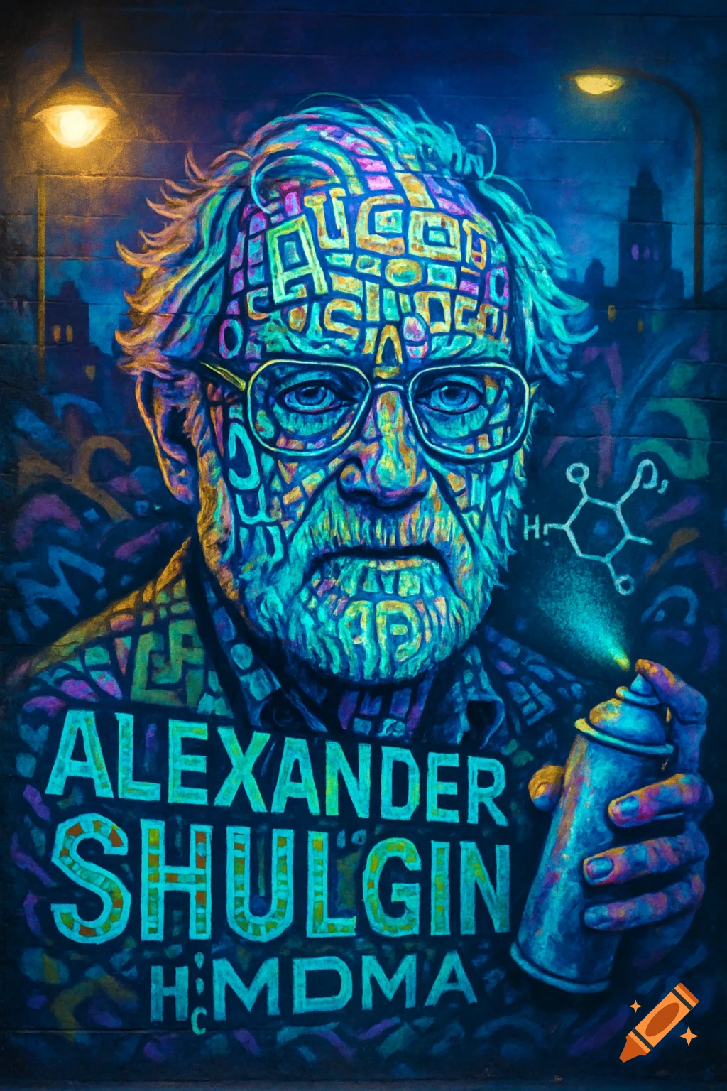 Vibrant neon graffiti portrait of Alexander Shulgin, composed of ...
