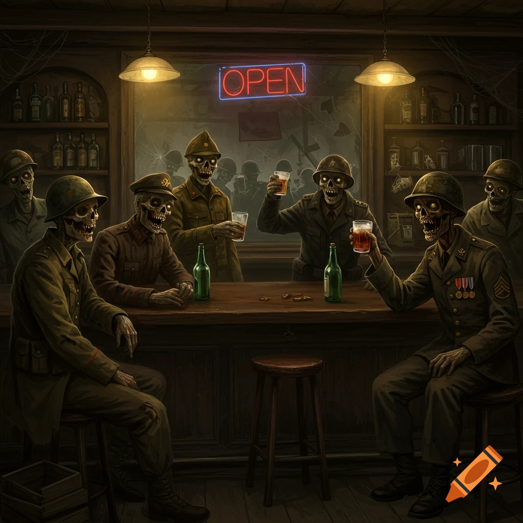 Zombie soldiers in military uniforms drink and toast at a dark, rustic ...