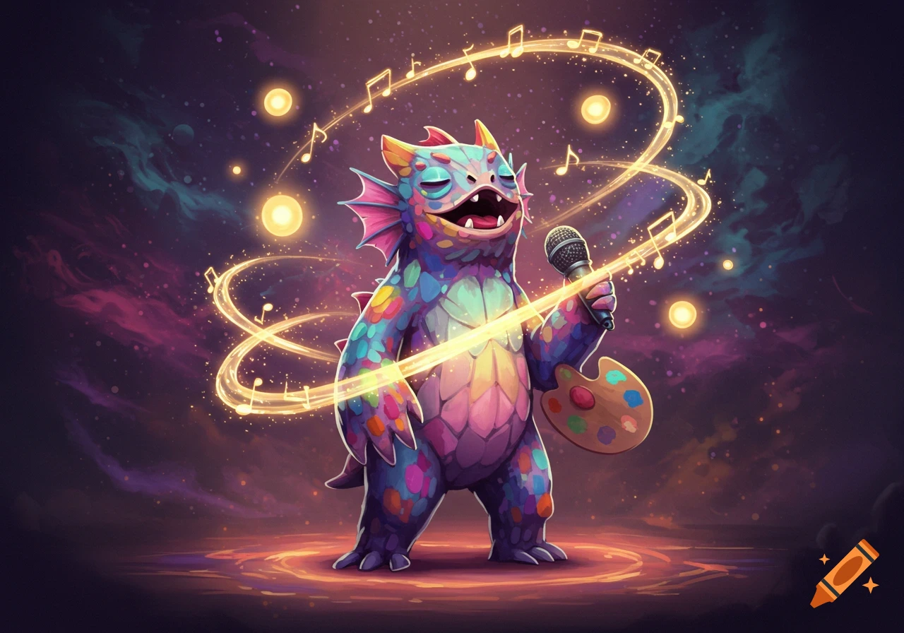 A colorful monster with a microphone sings among glowing musical notes ...