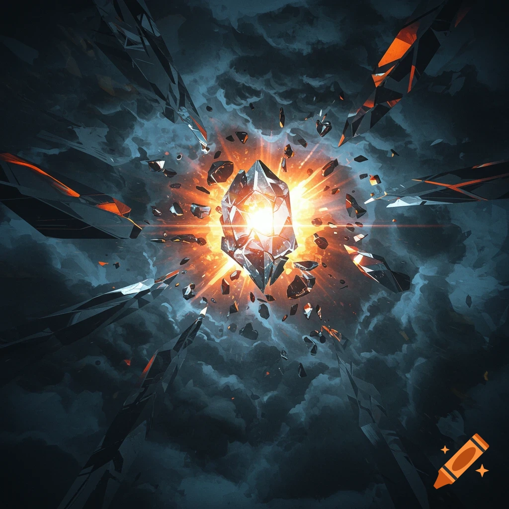 A brilliant glowing crystal explodes amidst dark, stormy clouds and ...