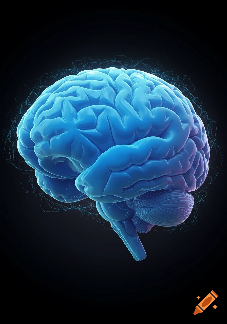 A stylized glowing human brain with roots, crackling with red and blue energy in a dark, fiery ...