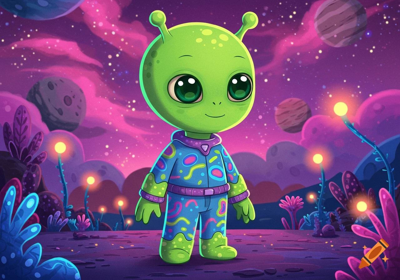 Cartoon green alien in a silver suit stands on a purple alien planet ...
