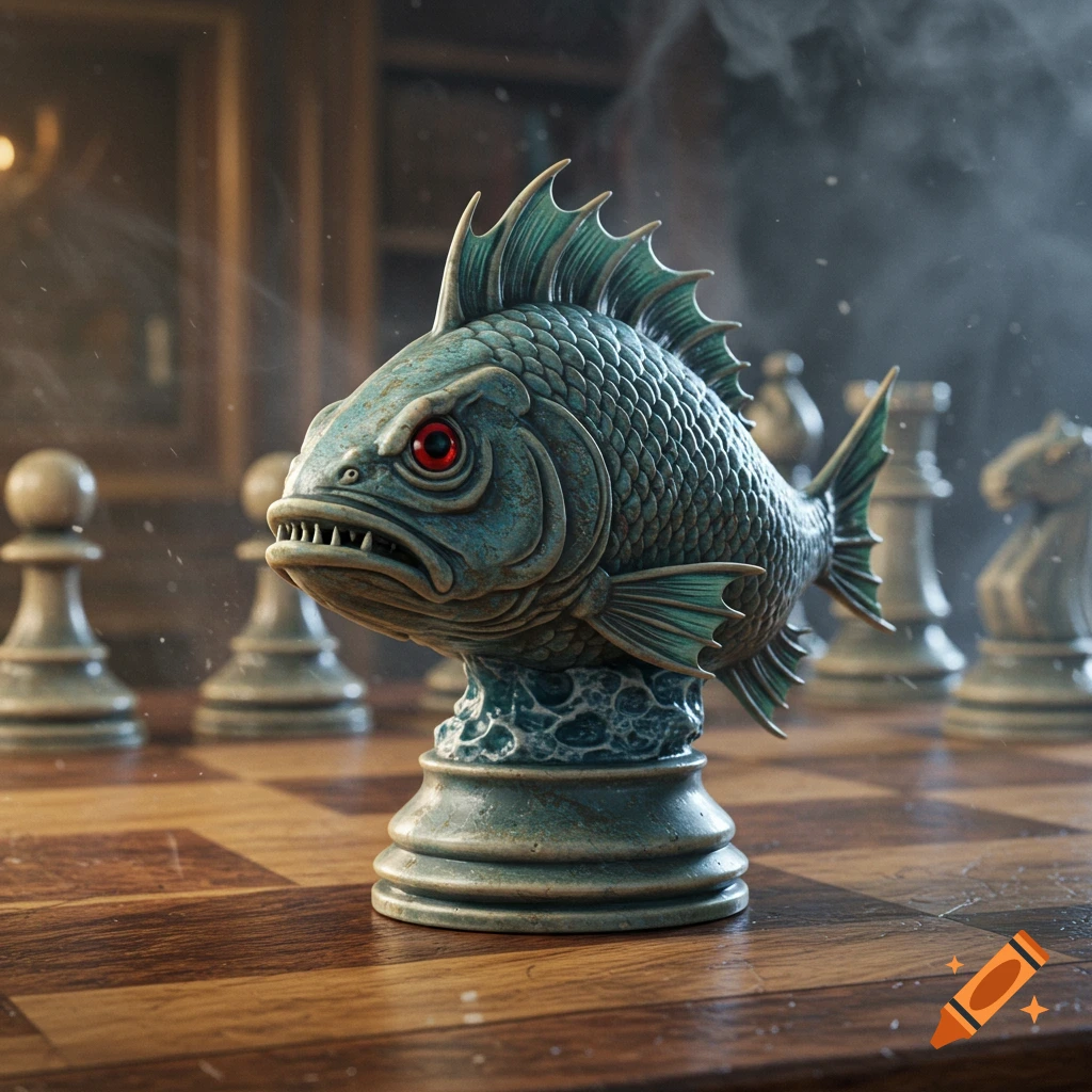 A detailed, angry-looking fish chess piece with red eyes on a wooden ...