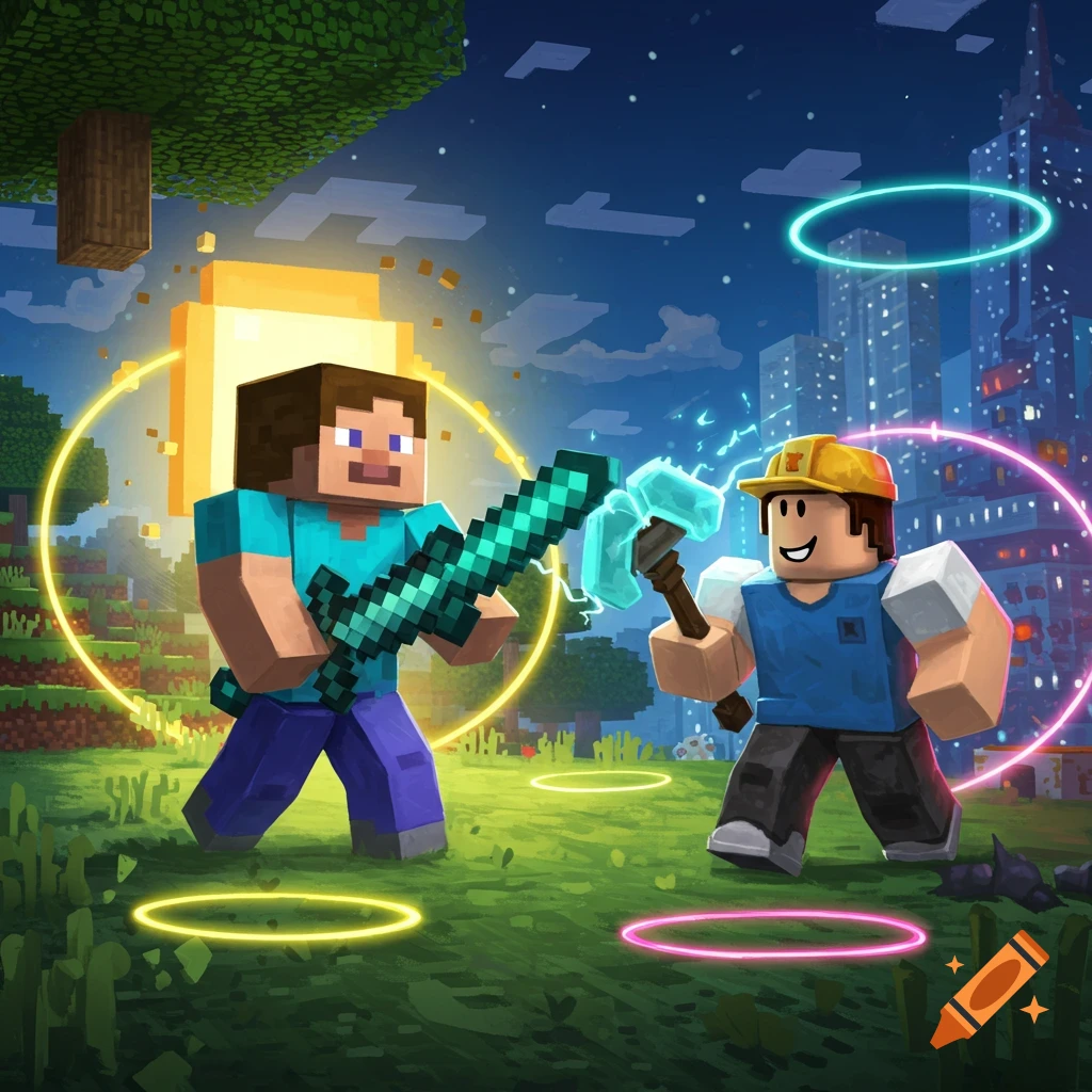 Minecraft Steve with a diamond sword stands opposite a Roblox character ...