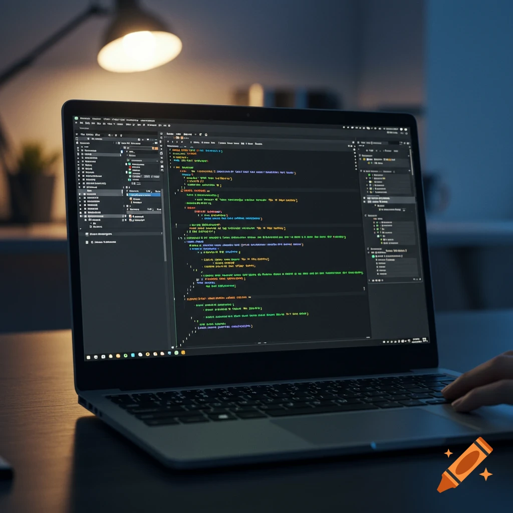 A photorealistic image of a laptop screen displaying code with a hand ...