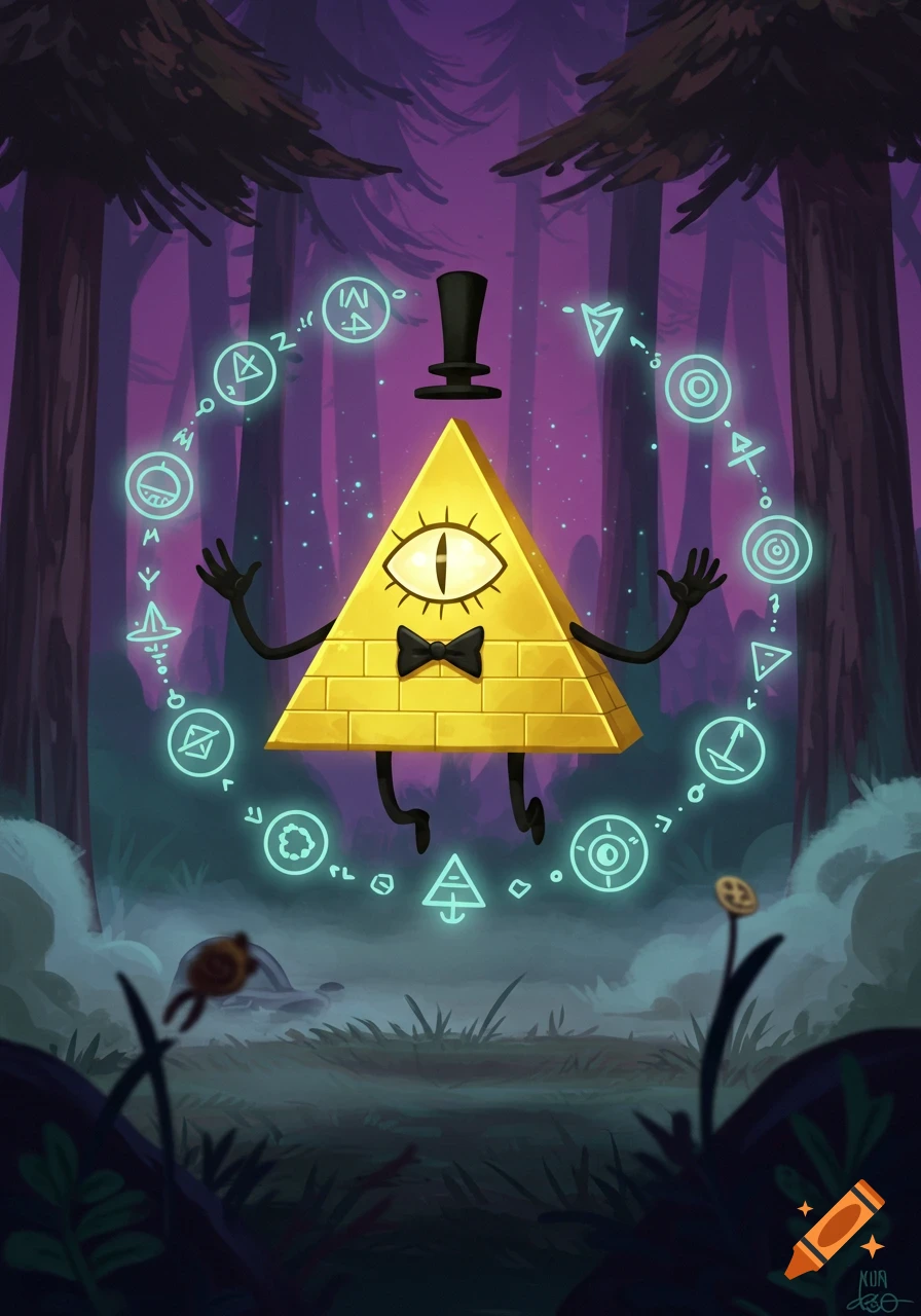 A cartoon illustration of Bill Cipher, a yellow triangle with a single ...
