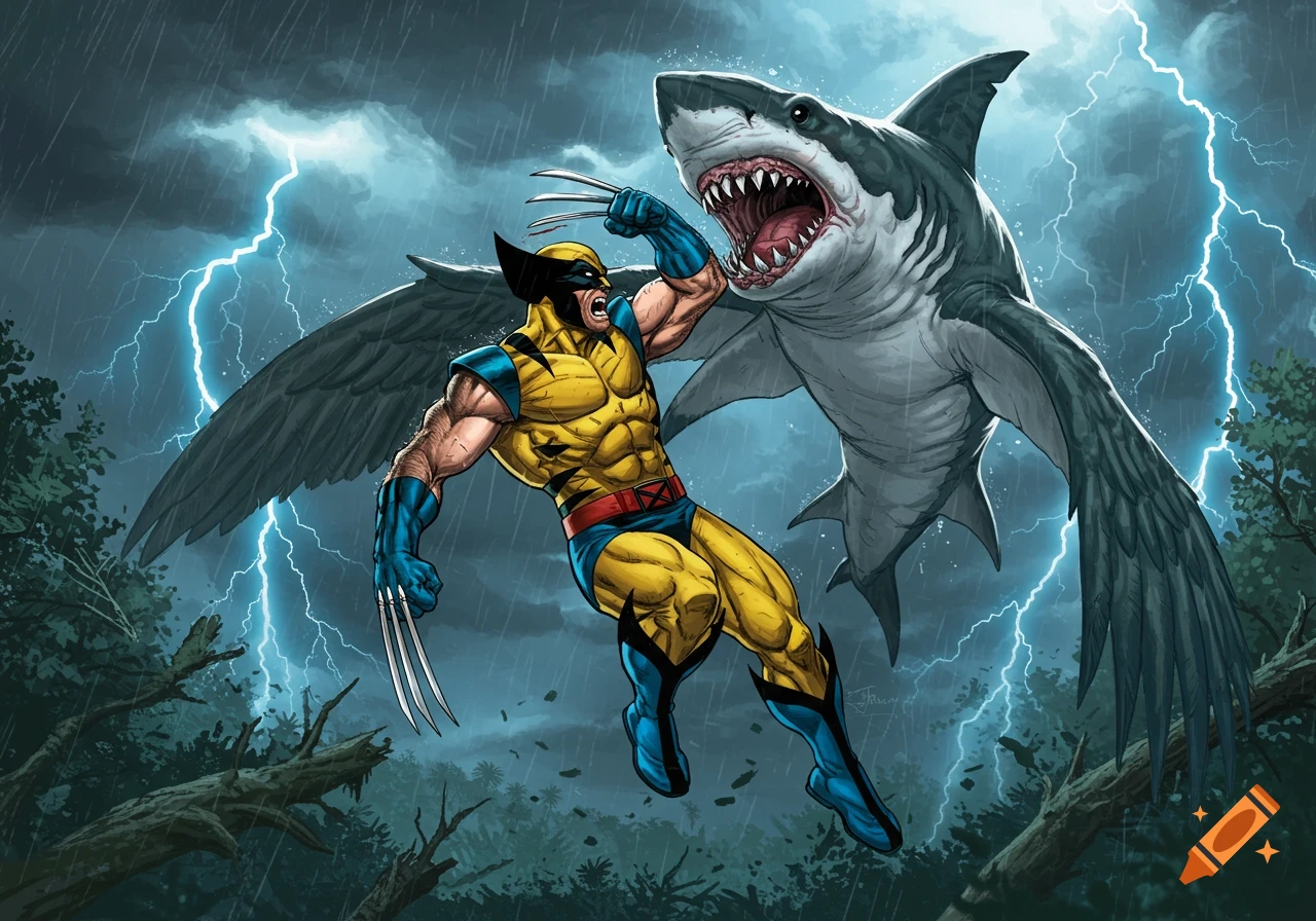 A comic book illustration of Wolverine fighting a winged shark in a ...