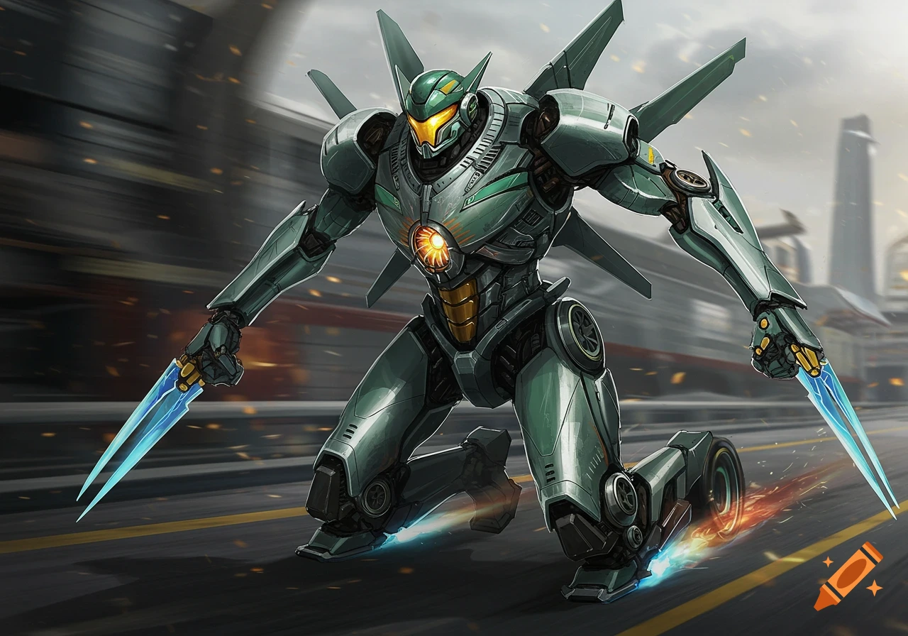 A powerful green and grey mech with glowing blue blades moves swiftly ...