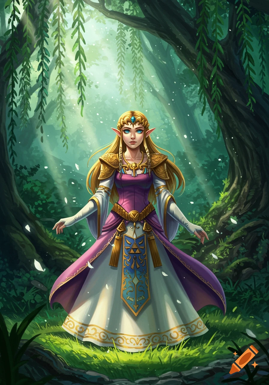 Princess Zelda in a magical, sunlit forest with glowing leaves and ...