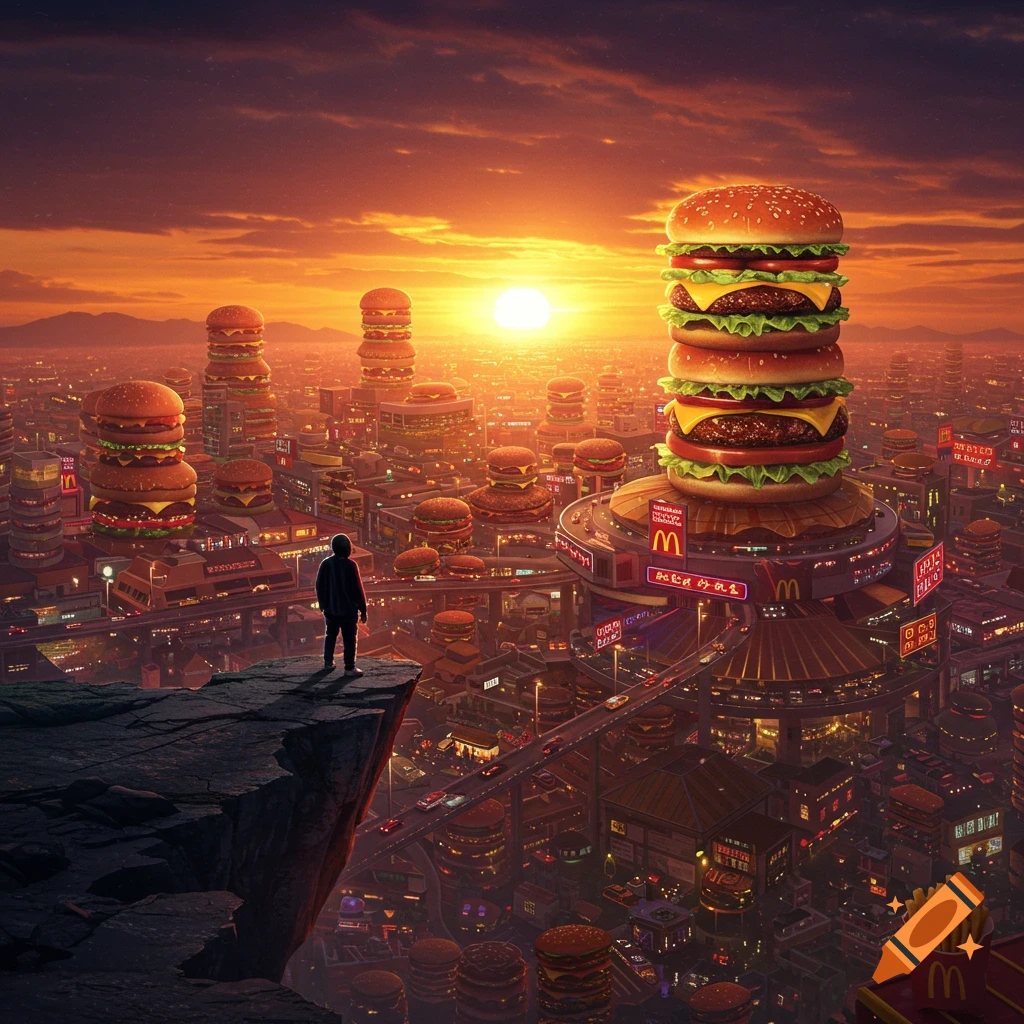 A lone figure overlooks a vast, surreal cityscape built from stacked ...