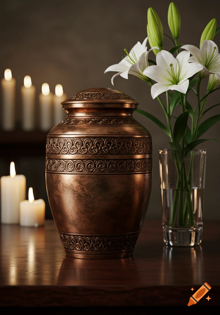 A bronze cremation urn with ornate carvings, white lilies in a vase ...