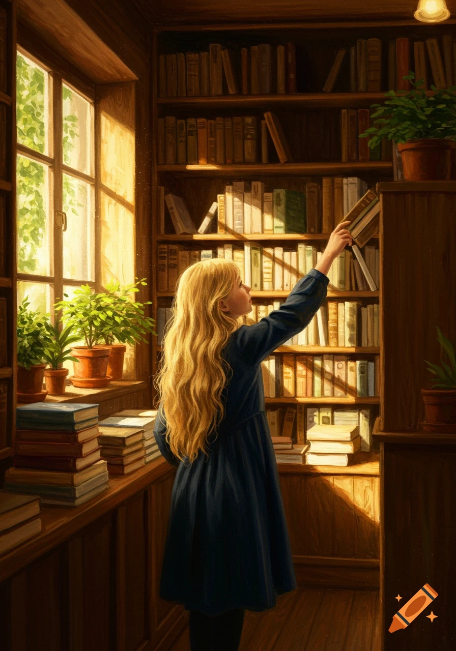 A girl with long blond hair reaches for a book on a sunlit wooden ...