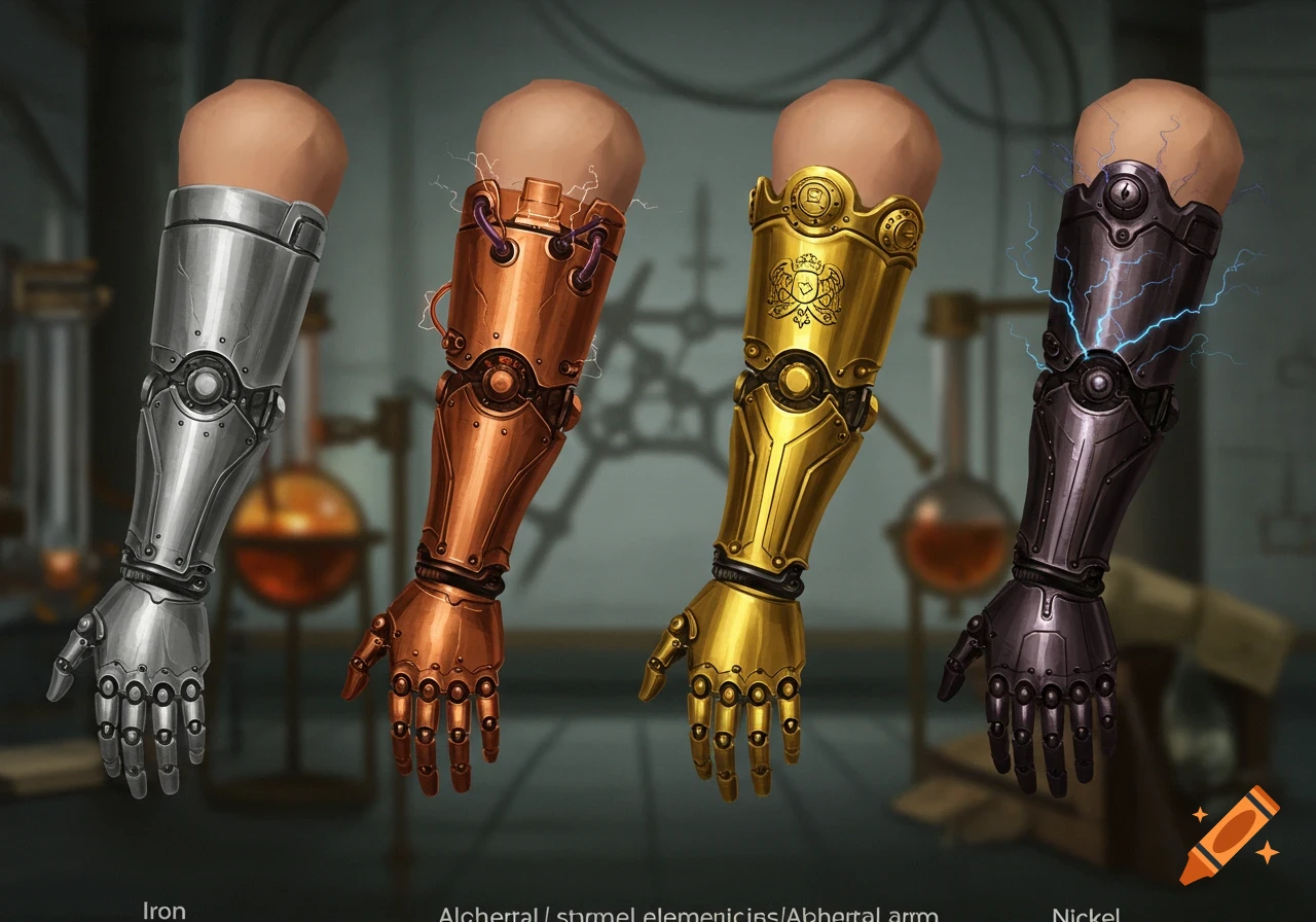 Four distinct alchemist prosthetic arms made of silver, copper, gold ...