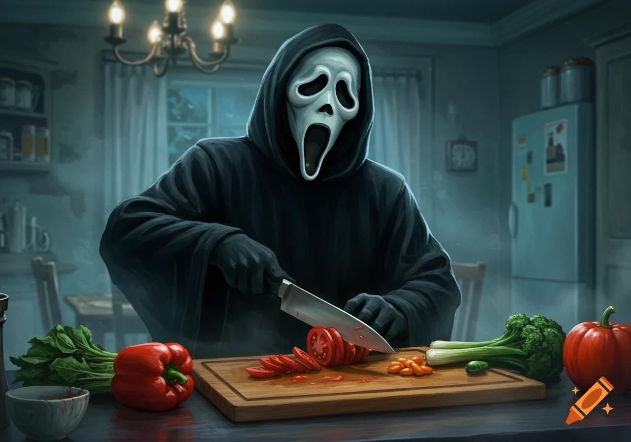 A stylized illustration of Ghostface wearing a diamond chain and ...