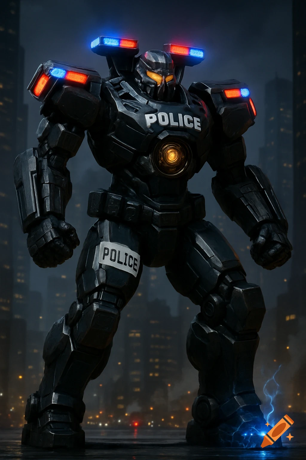 A large, black police-themed robot with red and blue lights and 'POLICE ...