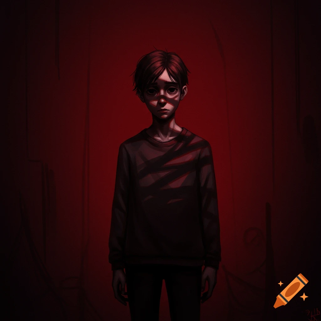 A moody digital art portrait of a young person standing in a dark red ...