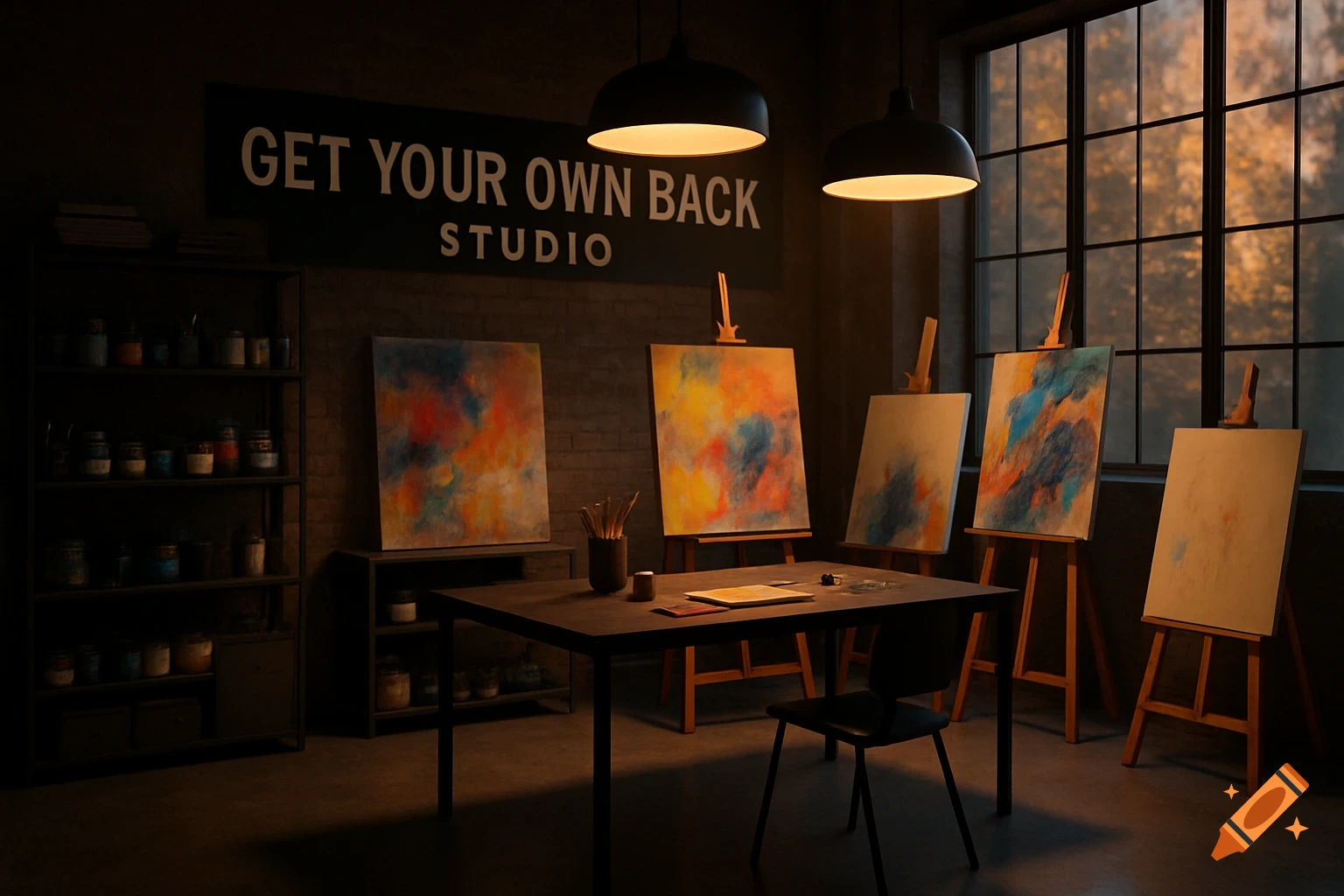 A dim, photorealistic art studio with abstract paintings on easels ...