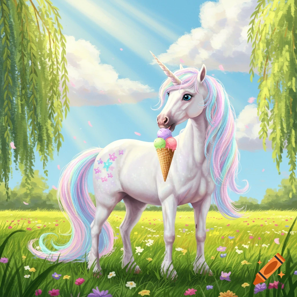 Whimsical illustration of a sleeping unicorn with a rainbow mane in a ...