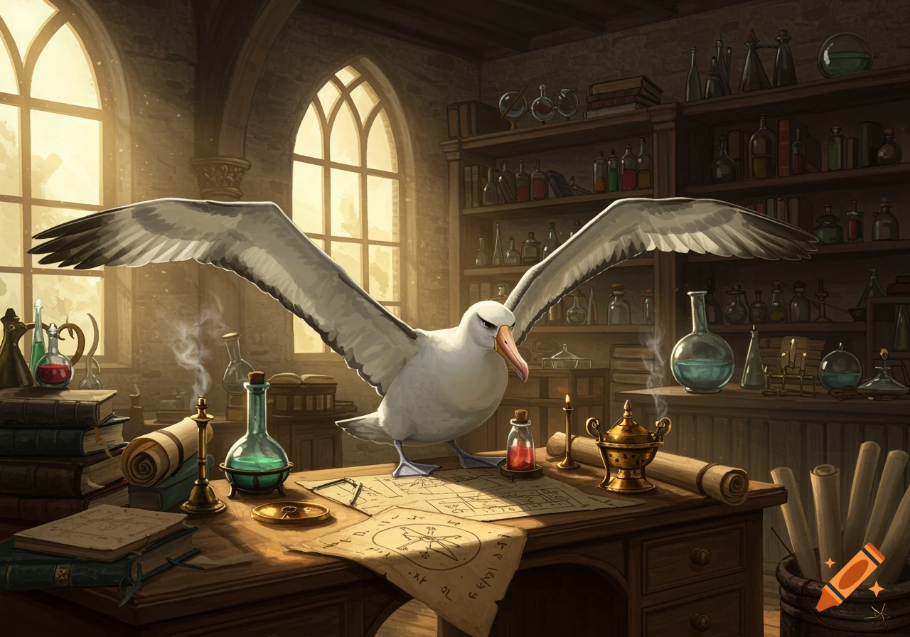 An albatross with spread wings stands on a wooden desk in a dimly lit ...