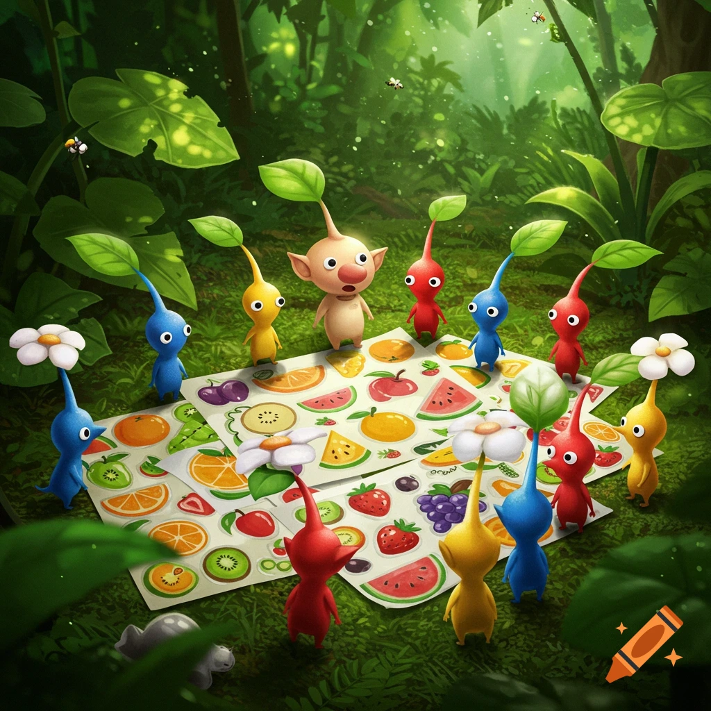 Colorful Pikmin characters gather around fruit sticker sheets in a lush ...