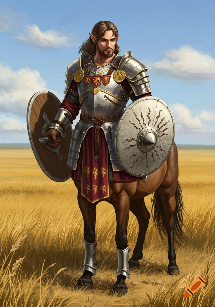 A man in full plate armor walks through a sunlit, bustling market with ...