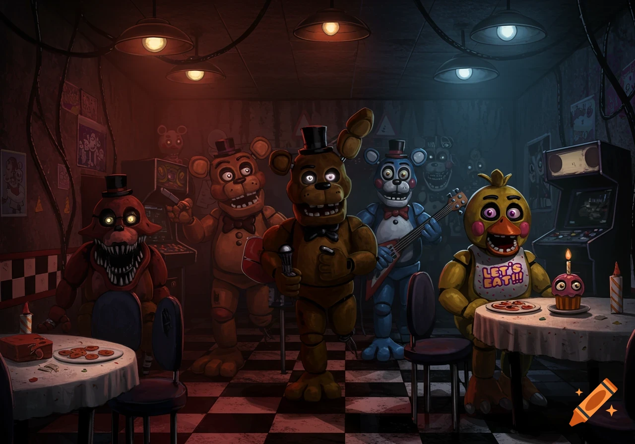 Four Five Nights at Freddy's animatronic characters, Freddy, Bonnie, Chica, and Foxy, in a dark ...
