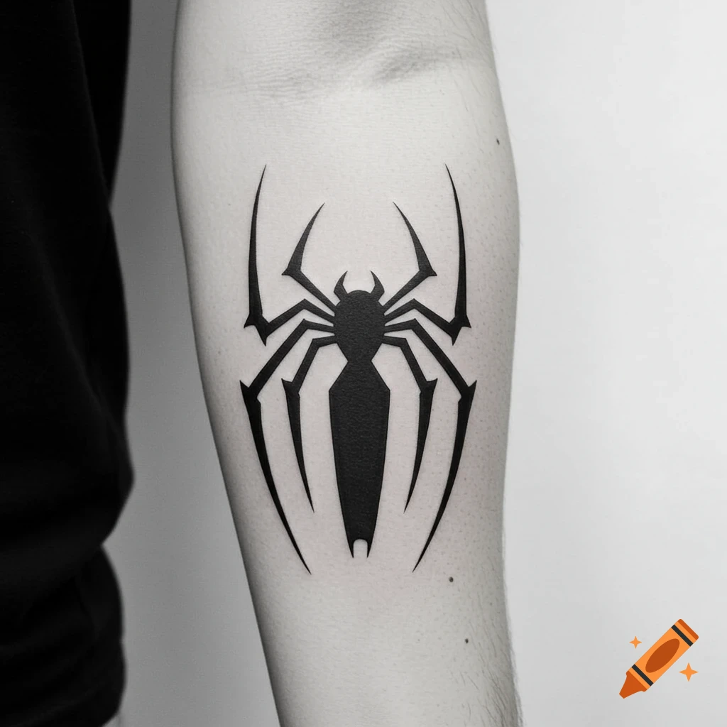 A black and white minimalist spider symbol tattoo on a person's forearm ...