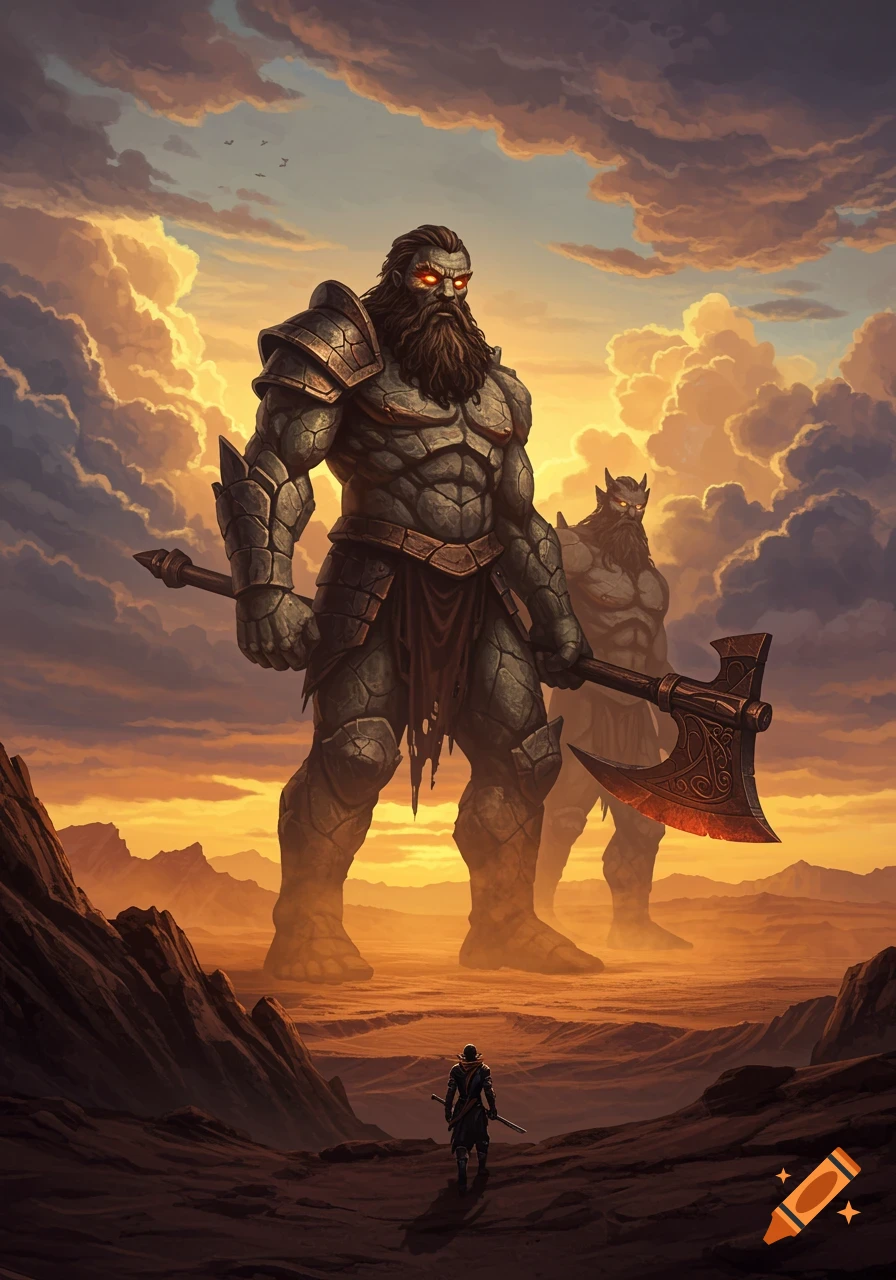 Two colossal stone-skinned giants with glowing red eyes loom over a ...