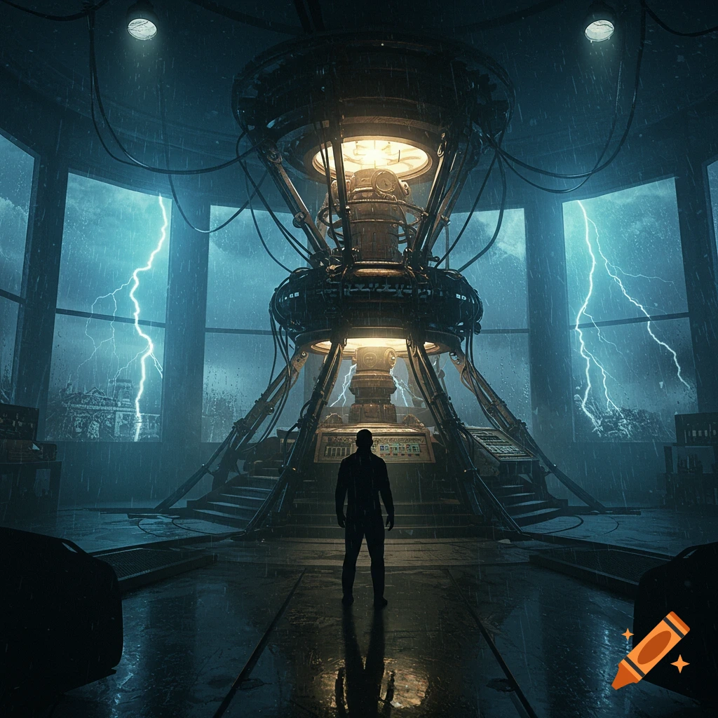 A glowing human figure stands in an open cryopod inside a dark ...