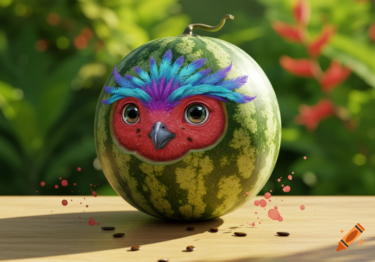 A whimsical watermelon with realistic human eyes and mouth, surrounded ...