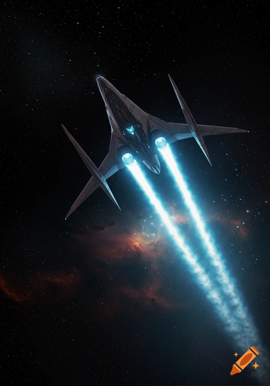 A sleek, four-pointed spaceship with glowing blue engine trails flies ...