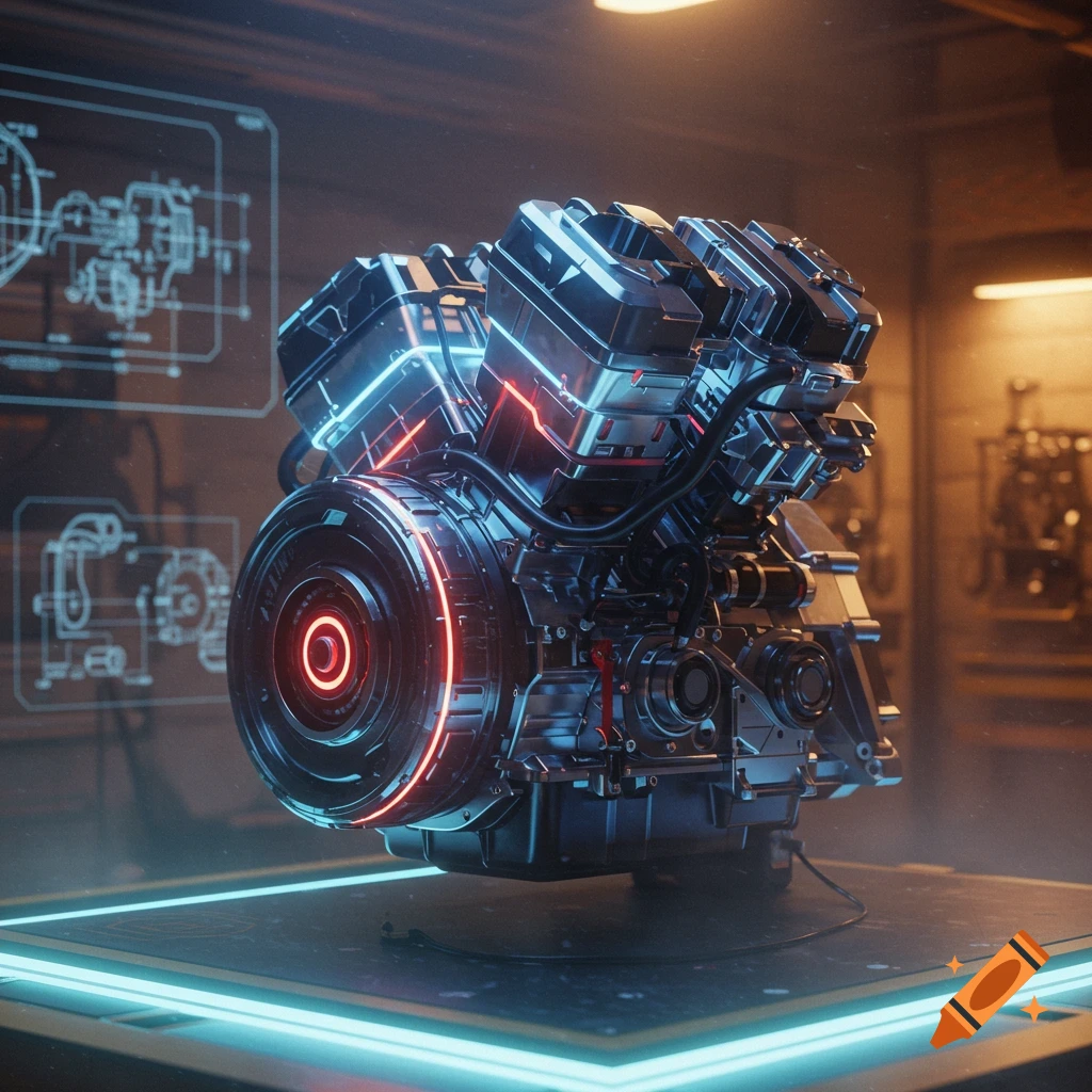 A futuristic lamp resembling a jet turbine engine with neon blue ...