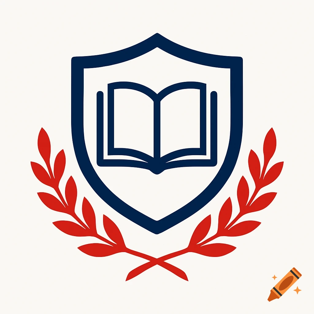 A simple logo featuring a dark blue shield containing an open book ...