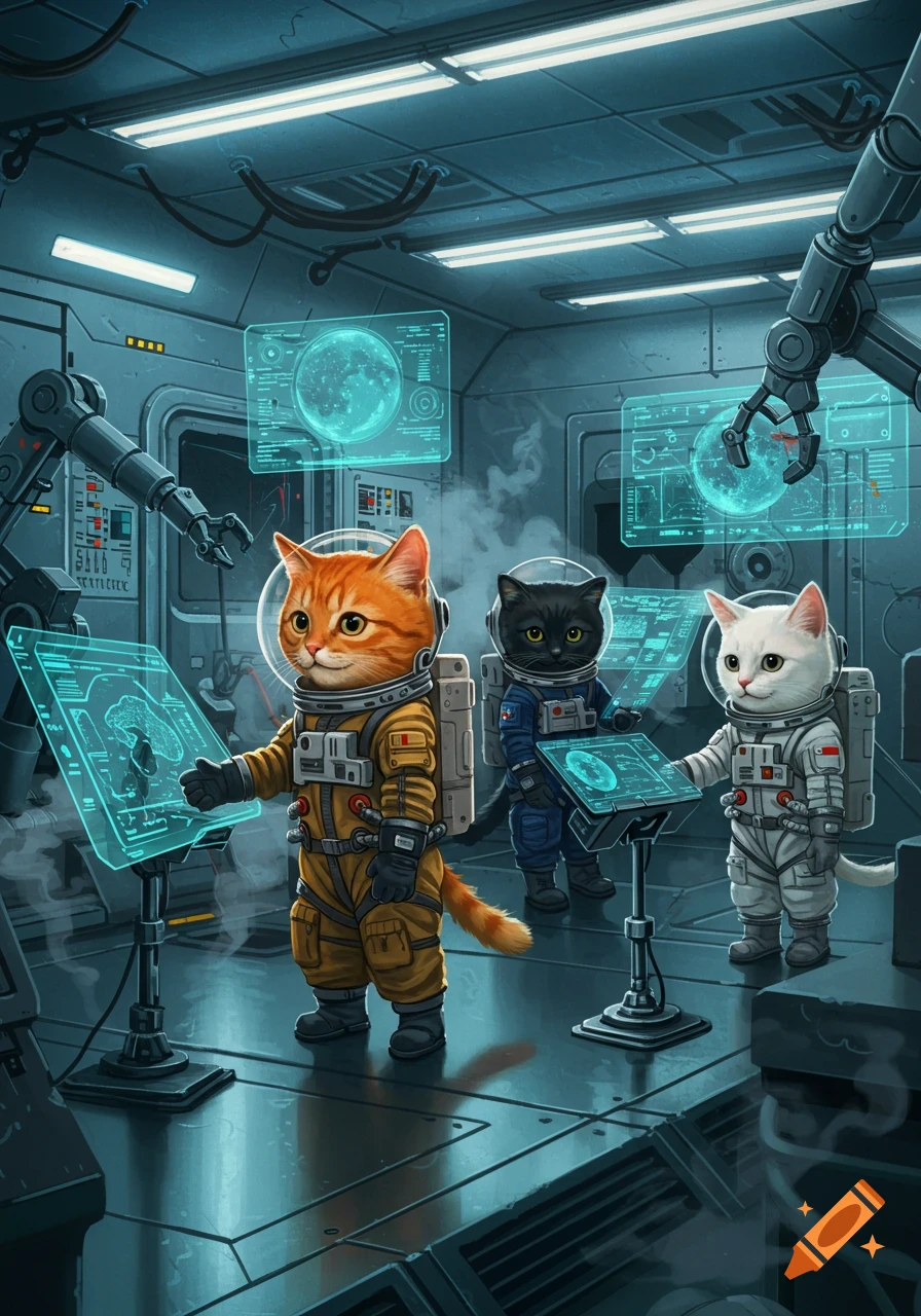 Three cartoon cats in astronaut suits operate glowing holographic screens in a futuristic space ...