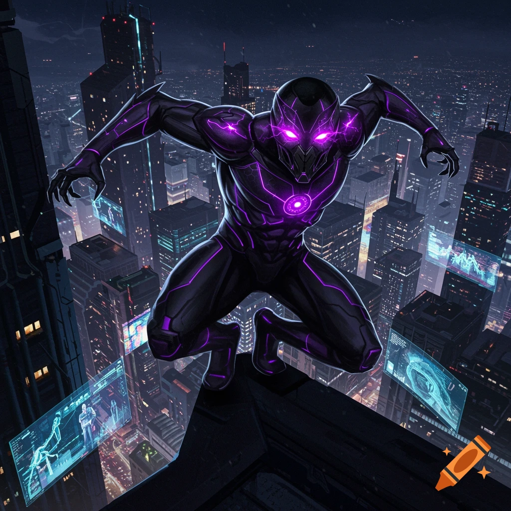 A dark superhero in a sleek black suit and metallic mask stands in a ...