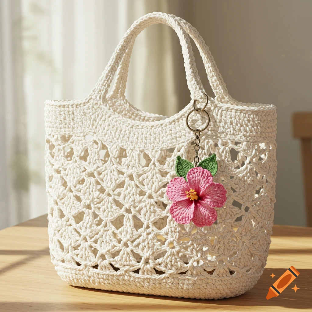 A white crochet tote bag with a diamond-like pattern and handles ...