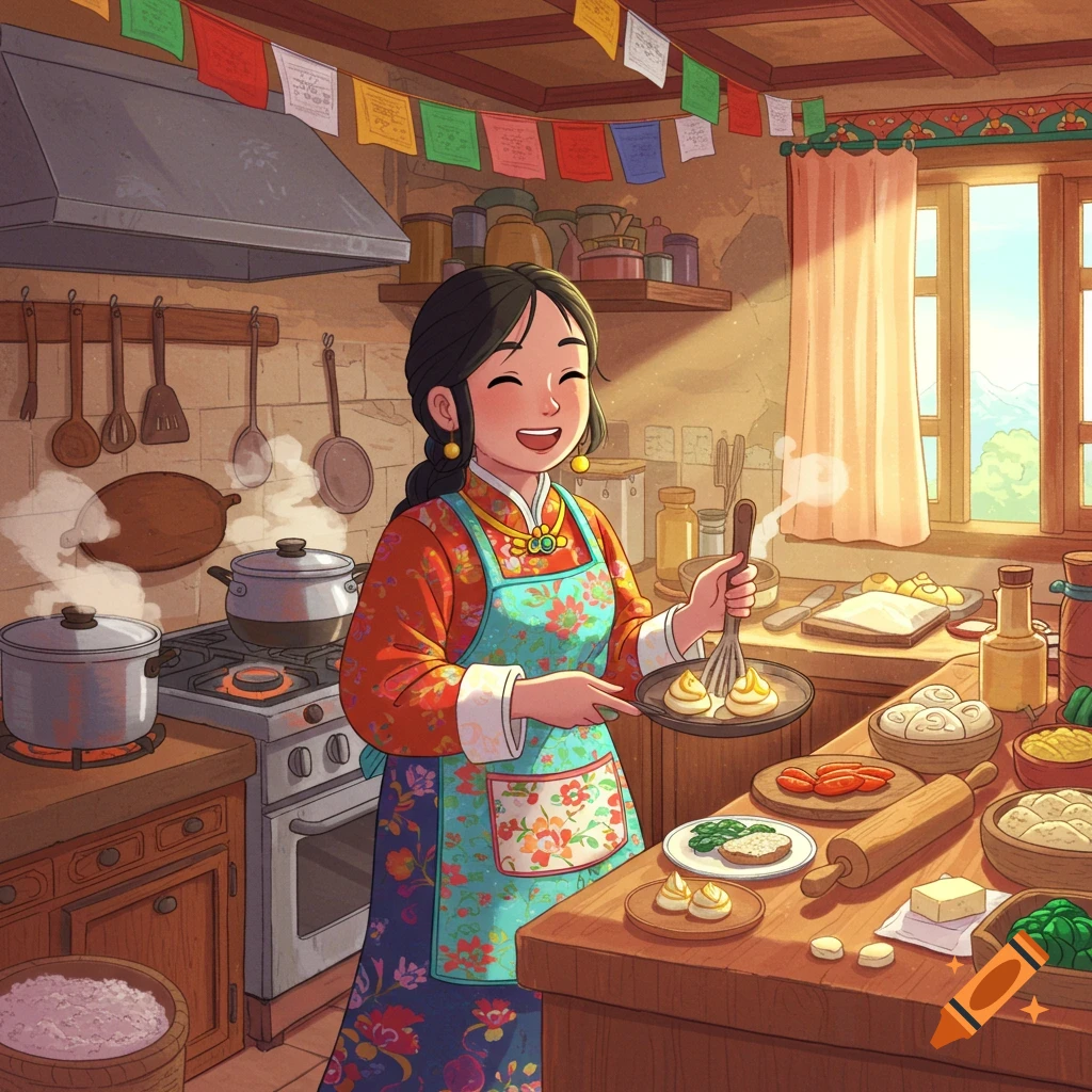 A smiling woman in a colorful apron cooks in a detailed kitchen with ...