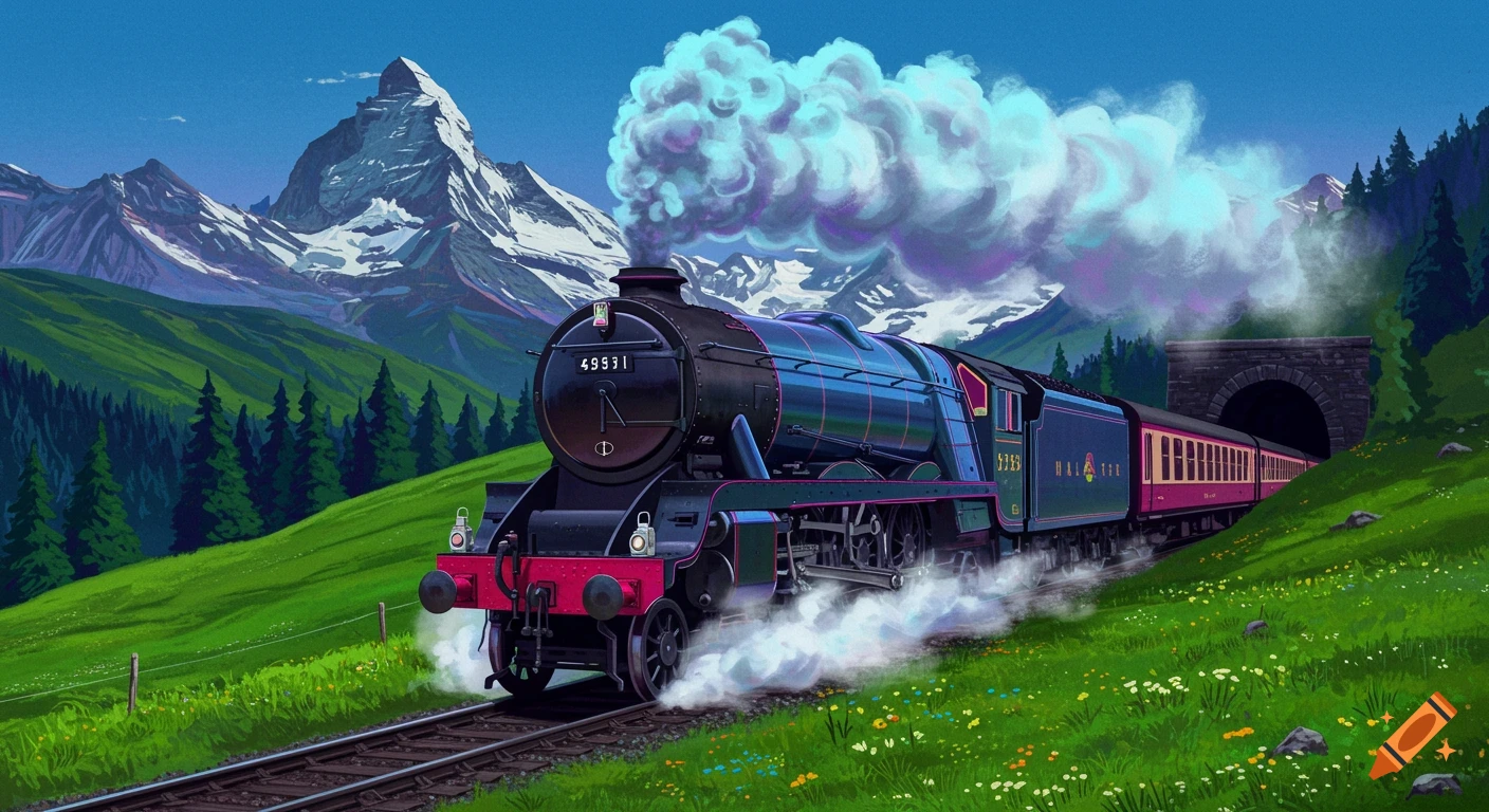 A detailed model train set featuring green steam trains on winding ...