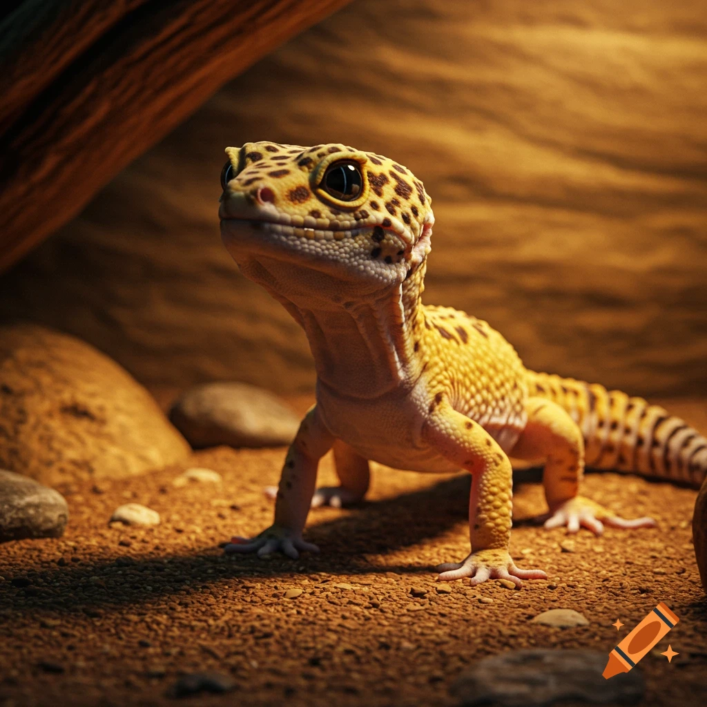 A yellow and black spotted leopard gecko rests on sandy ground with ...