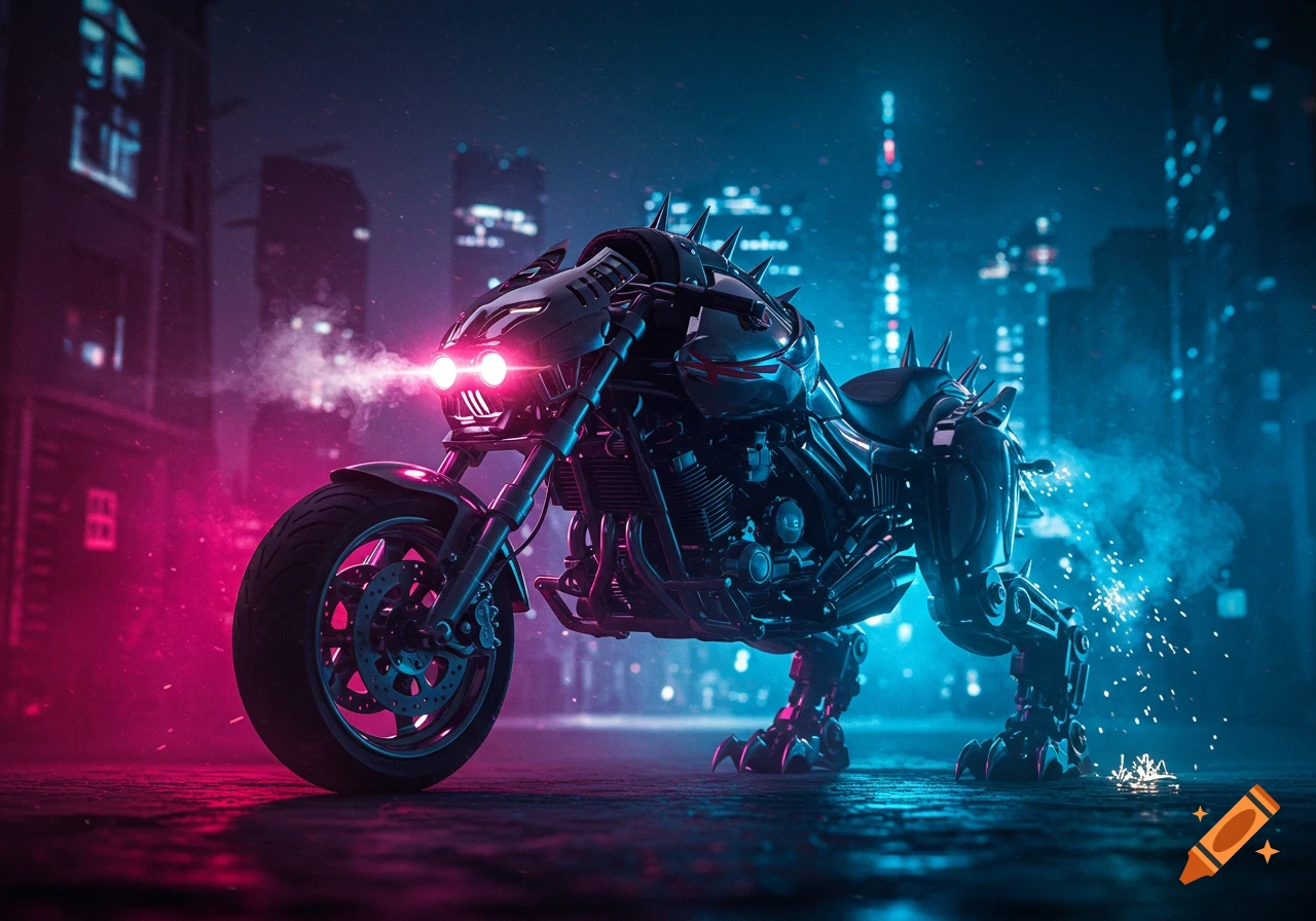 A sleek, black, futuristic motorcycle-monster with glowing pink ...