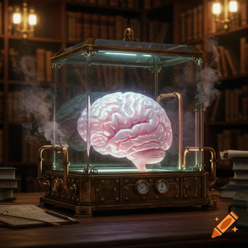 A glowing human brain in a steampunk glass box on a desk in a library ...