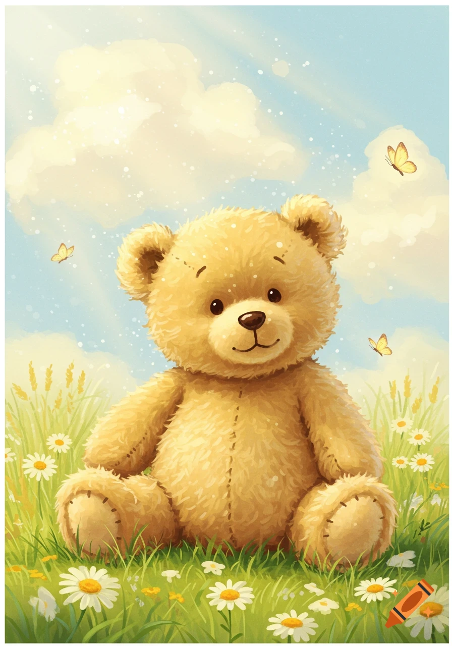 A cute, soft brown teddy bear illustration sitting in a sunny field of ...