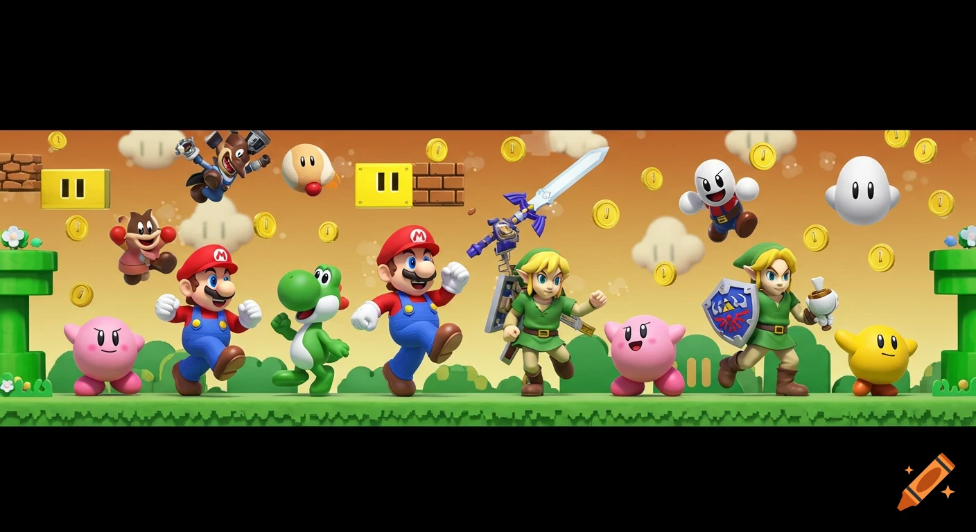 Mario, Yoshi, Link, Kirby, and other Nintendo characters run and pose ...
