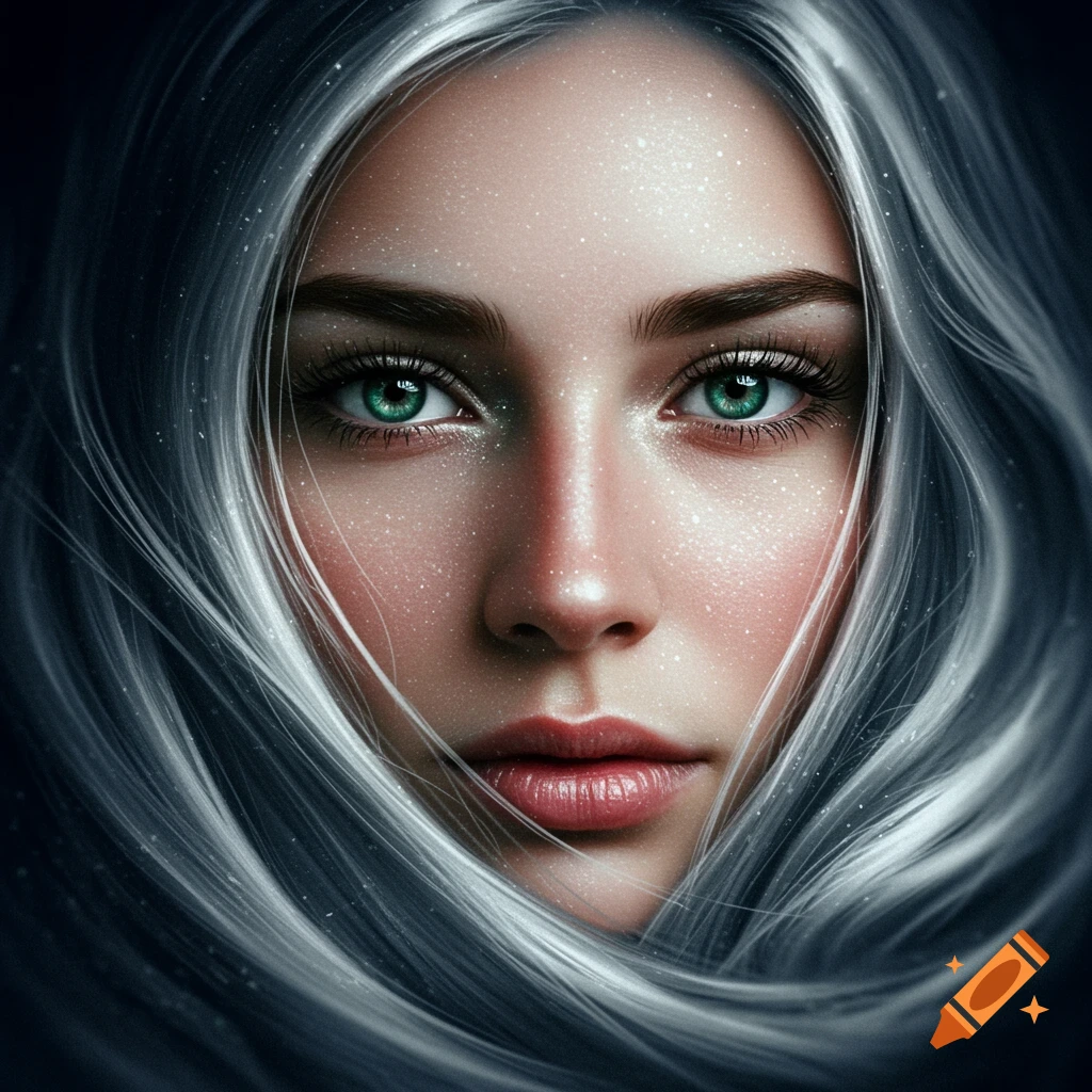 Close-up of a woman's face with flowing silver hair and glowing green ...