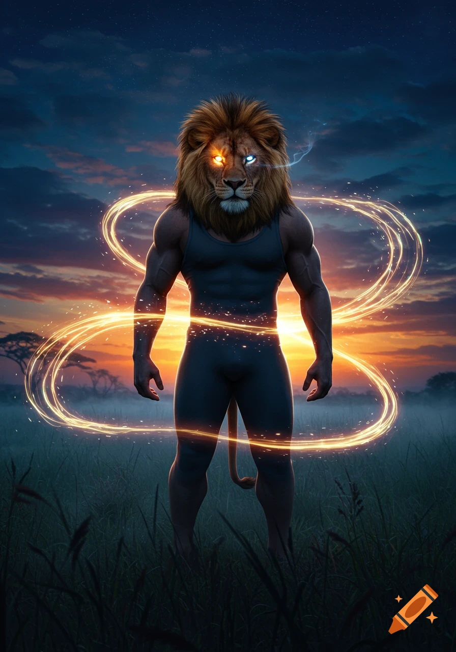 A muscular lion-headed figure in a dark singlet stands in a field at ...