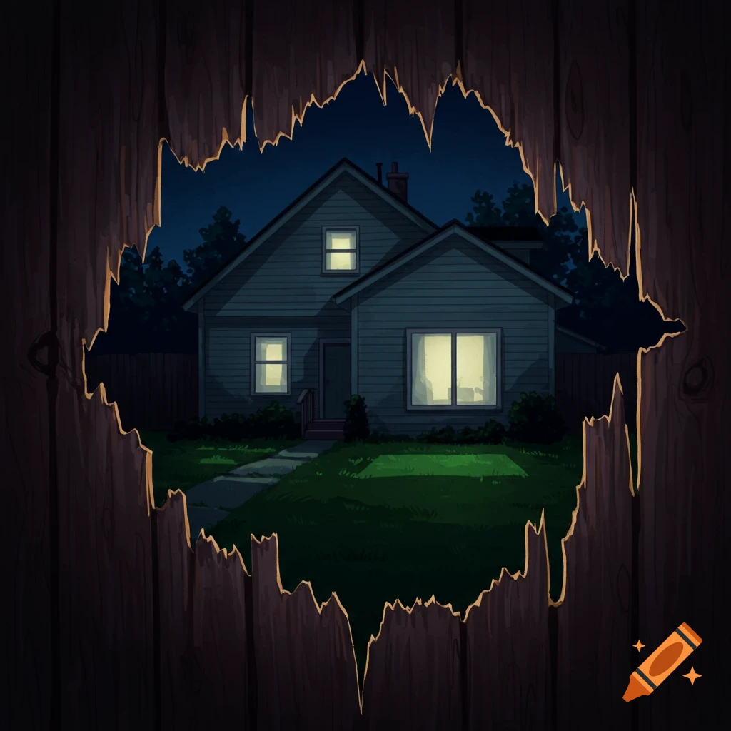 An illustration of a suburban house at night, seen through a ragged ...