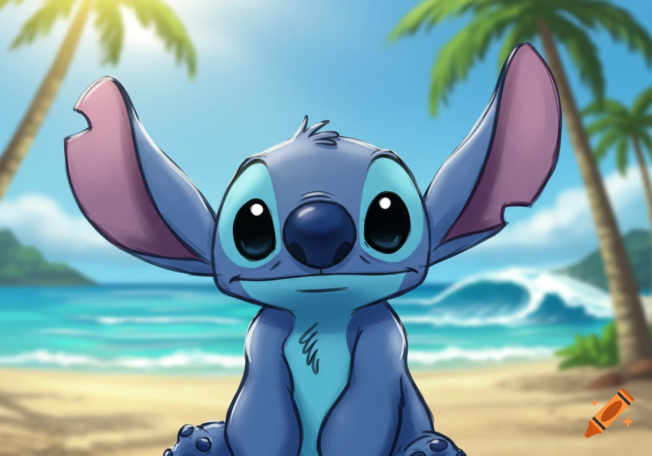 Stitch, the blue alien, stands on a sandy beach holding a wooden sign ...