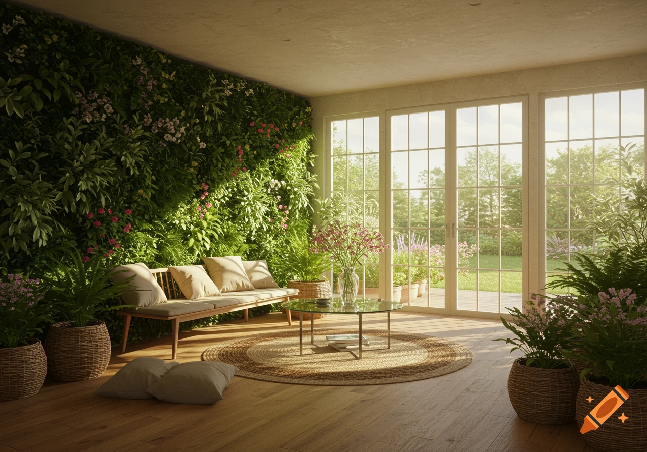 Photorealistic interior of a sunlit garden room with a large vertical plant wall, sofa, and ...