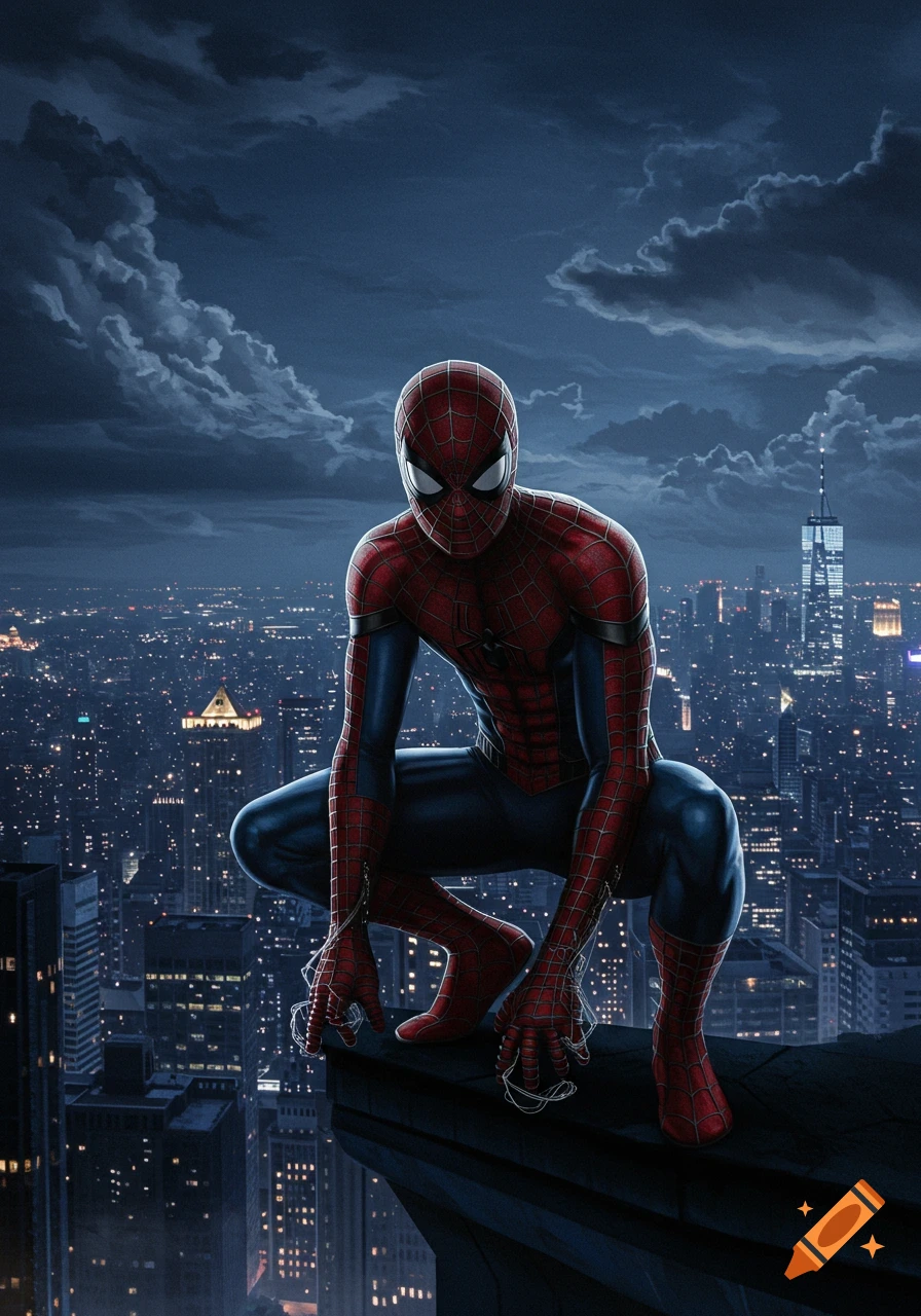 Spider-Man sits on a skyscraper ledge, overlooking a sprawling city lit ...